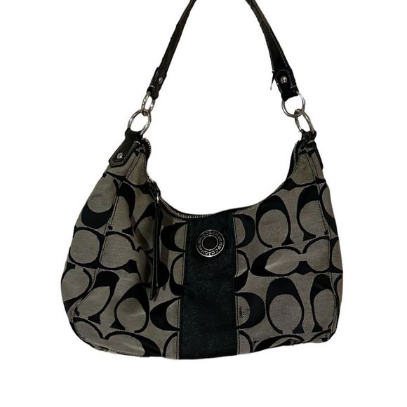 Coach | Bags | Coach Shoulder Bag Black Gray Signature Stripe Bag F9281 ...